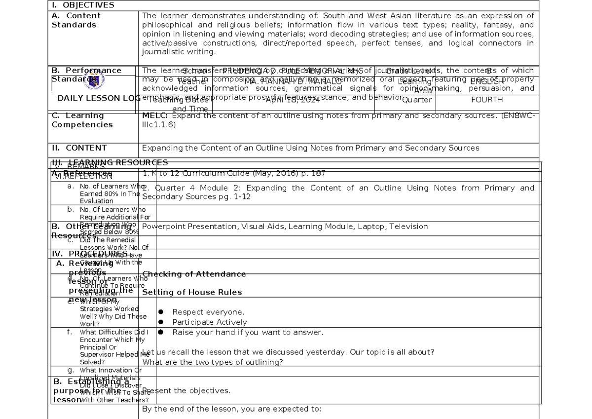 DAILY LESSON LOG: Expanding Content Using Primary & Secondary Sources ...