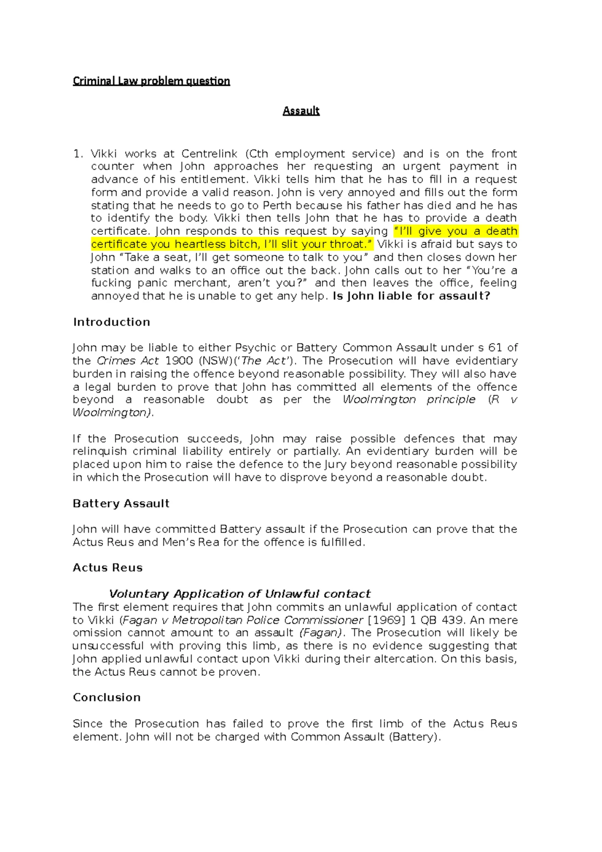 Criminal law - Problem question and answer - 280CLS - Criminal Law ...