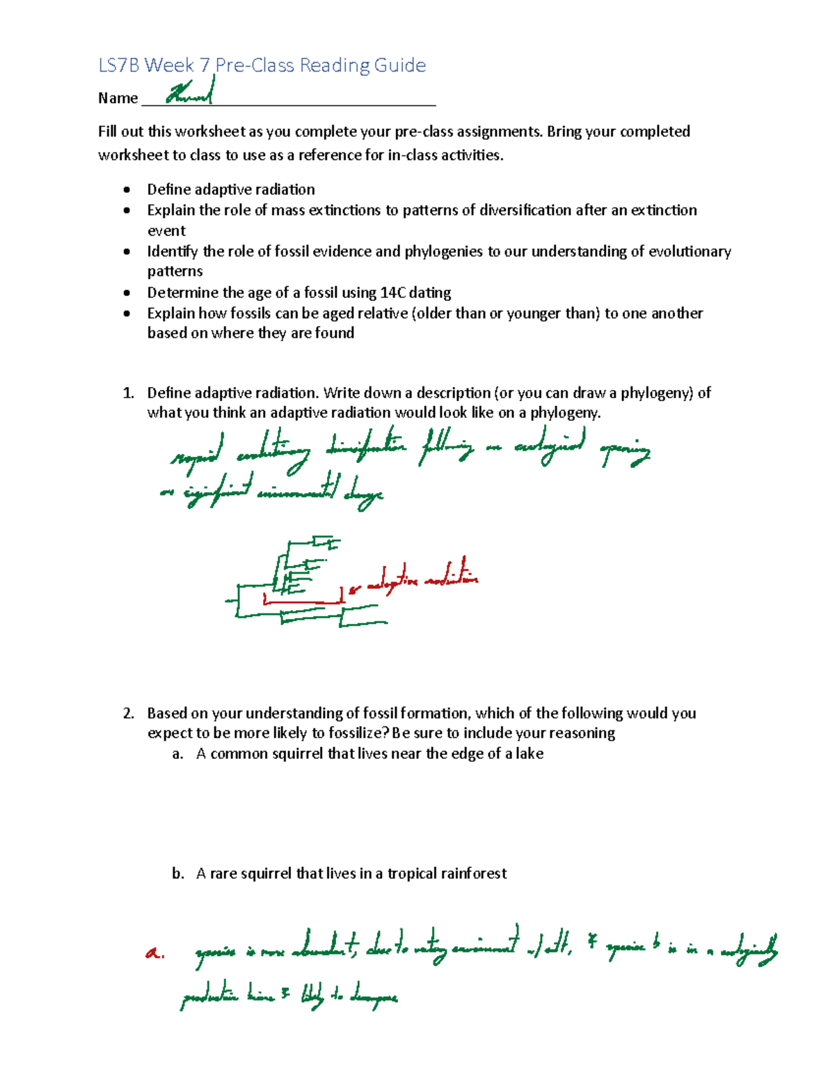 LS7B Week 7 Reading Guide: Adaptive Radiation & Fossil Evidence - Studocu