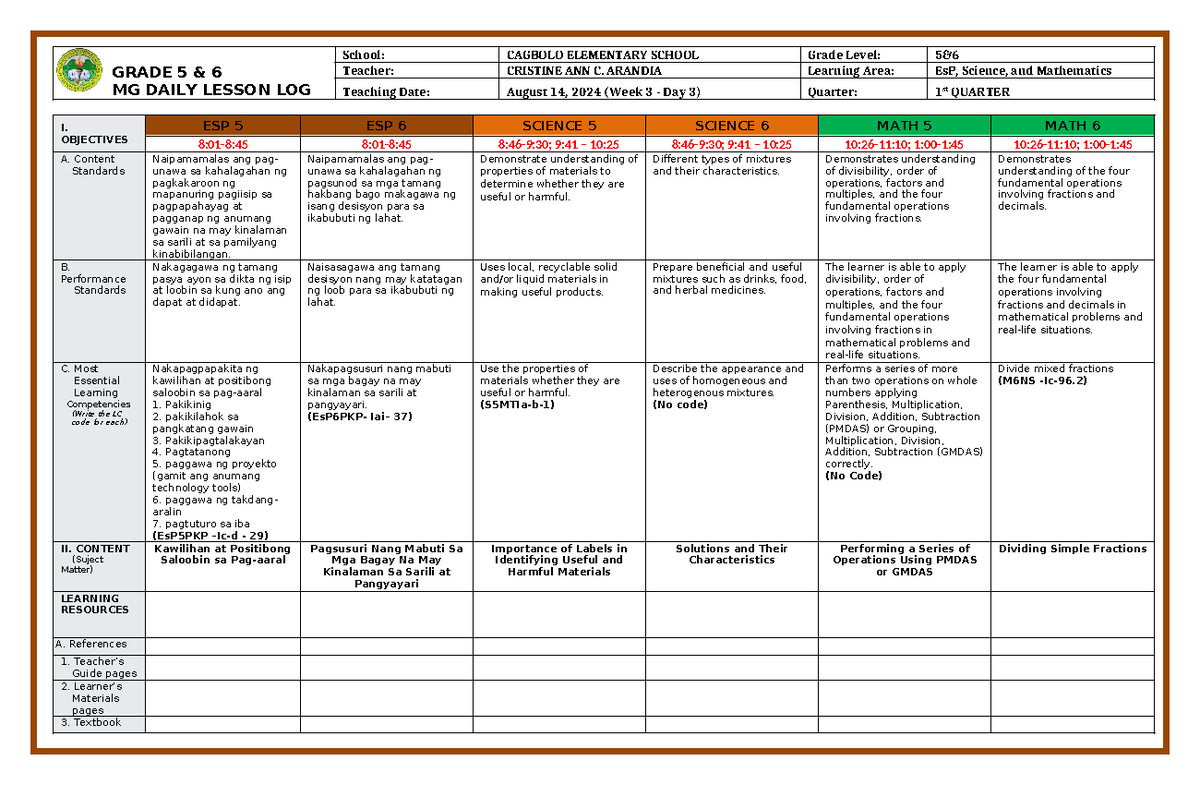 Multi Grade 5&6 DLP Q1 W3D3: Lessons on Decision Making & Materials ...