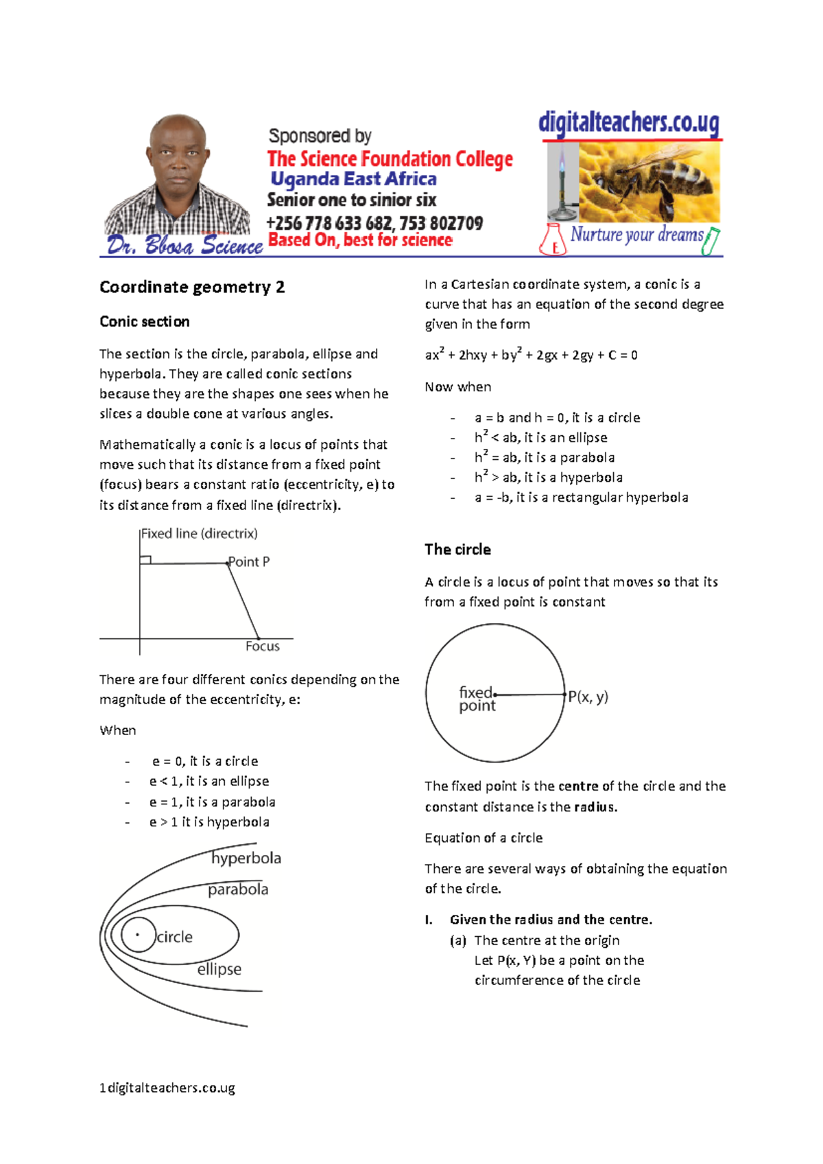 Coordinate Geometry 2: Conic Sections and Circle Equations - Studocu