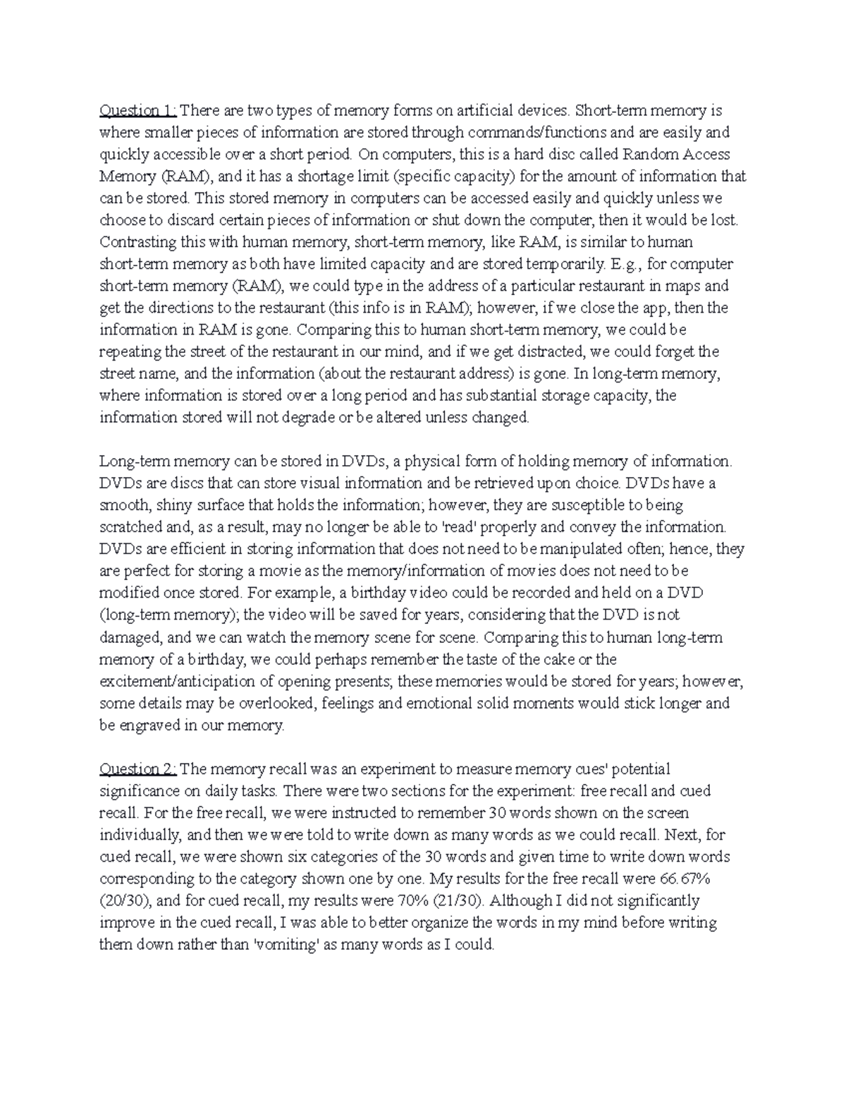 Psychology 101: Memory Types and Recall Experiment Report - Studocu