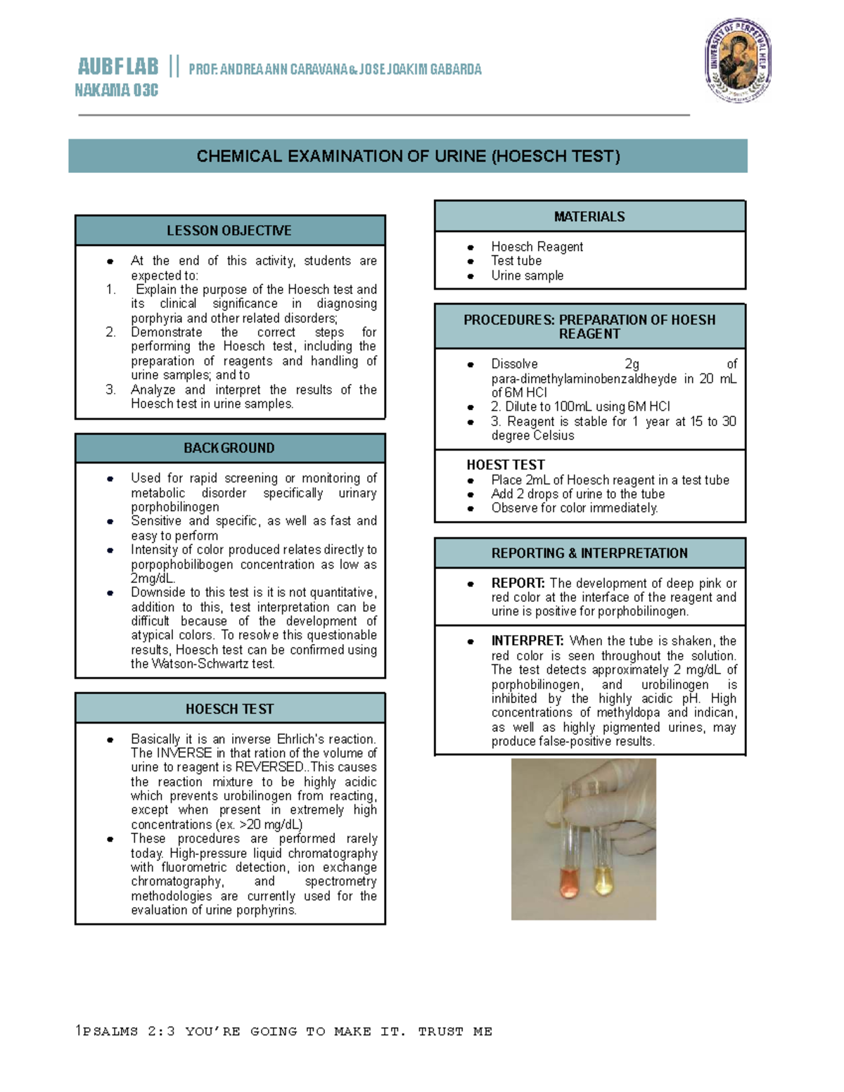 AUBF LAB: Hoesch Test for Urine Examination - Lesson Overview - Studocu