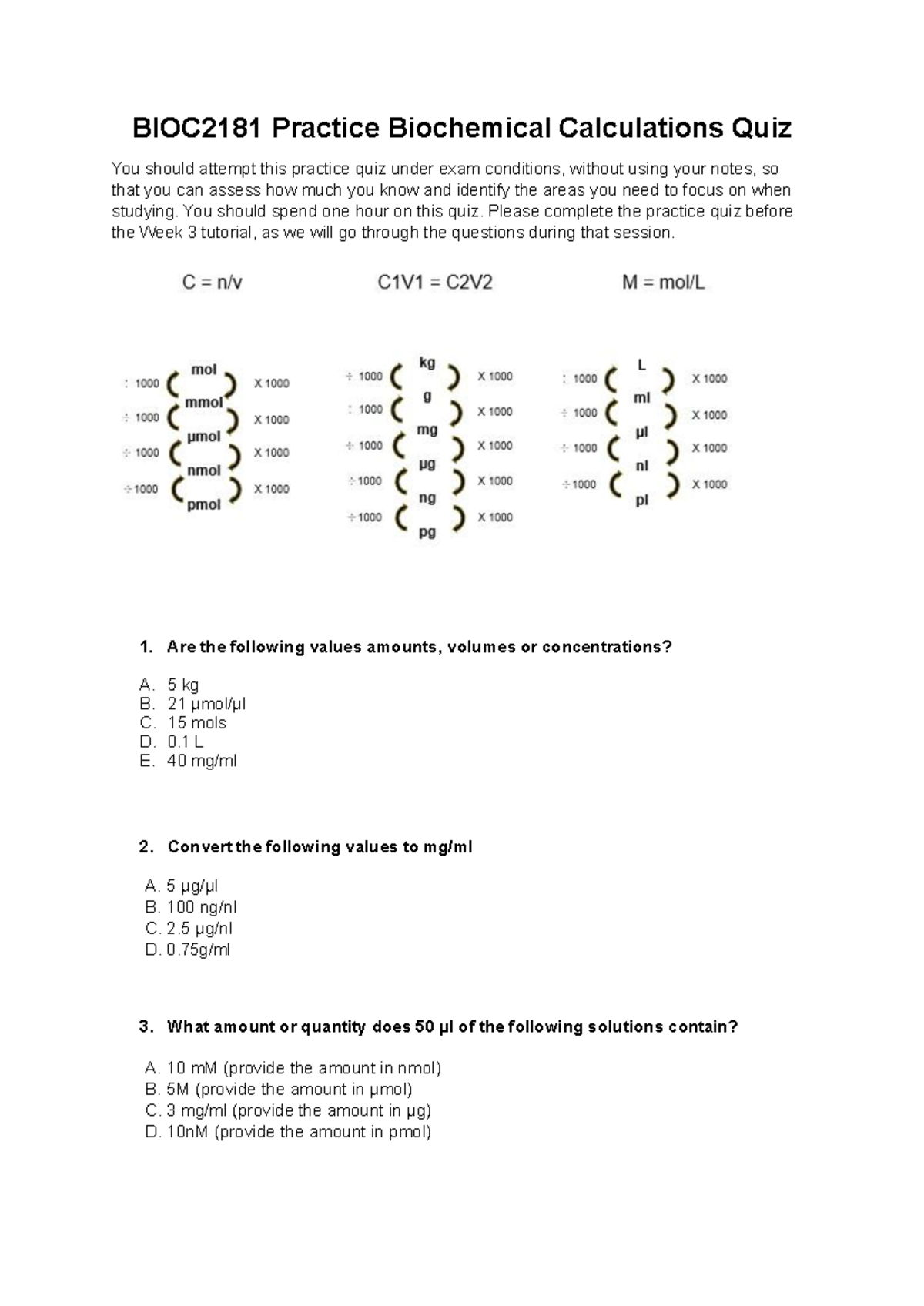 BIOC2181 Biochemical Calculations Practice Quiz Guide - Studocu