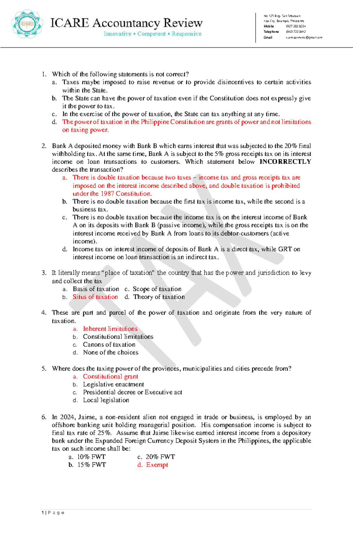 Icare 08 TAX Final Exam Review & Answer Key - Studocu