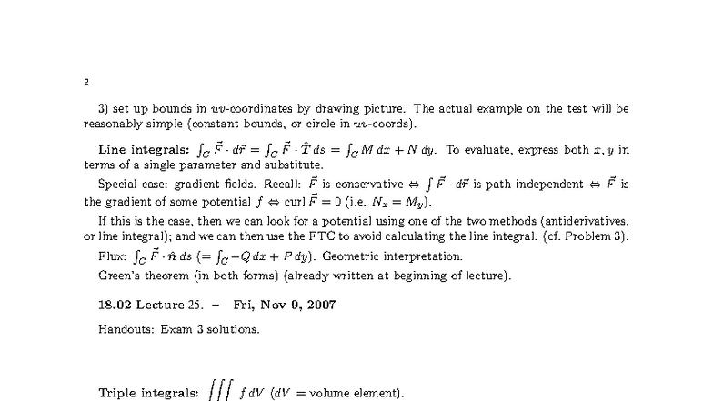 18.02 Lecture 25: Line Integrals and Triple Integrals Overview - Studocu