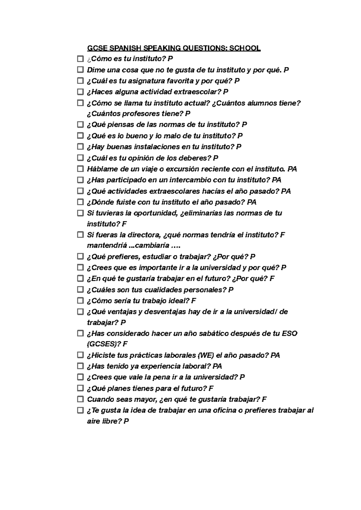 GCSE SPANISH: SPEAKING QUESTIONS ON SCHOOL & FUTURE PLANS - Studocu