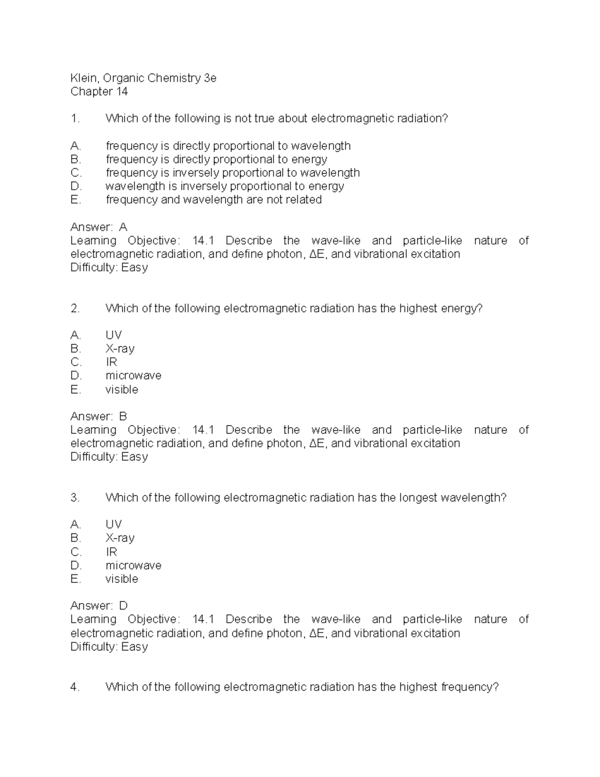 Chapter 14 Organic Chemistry Test Bank Questions for Klein Orgo 3e ...