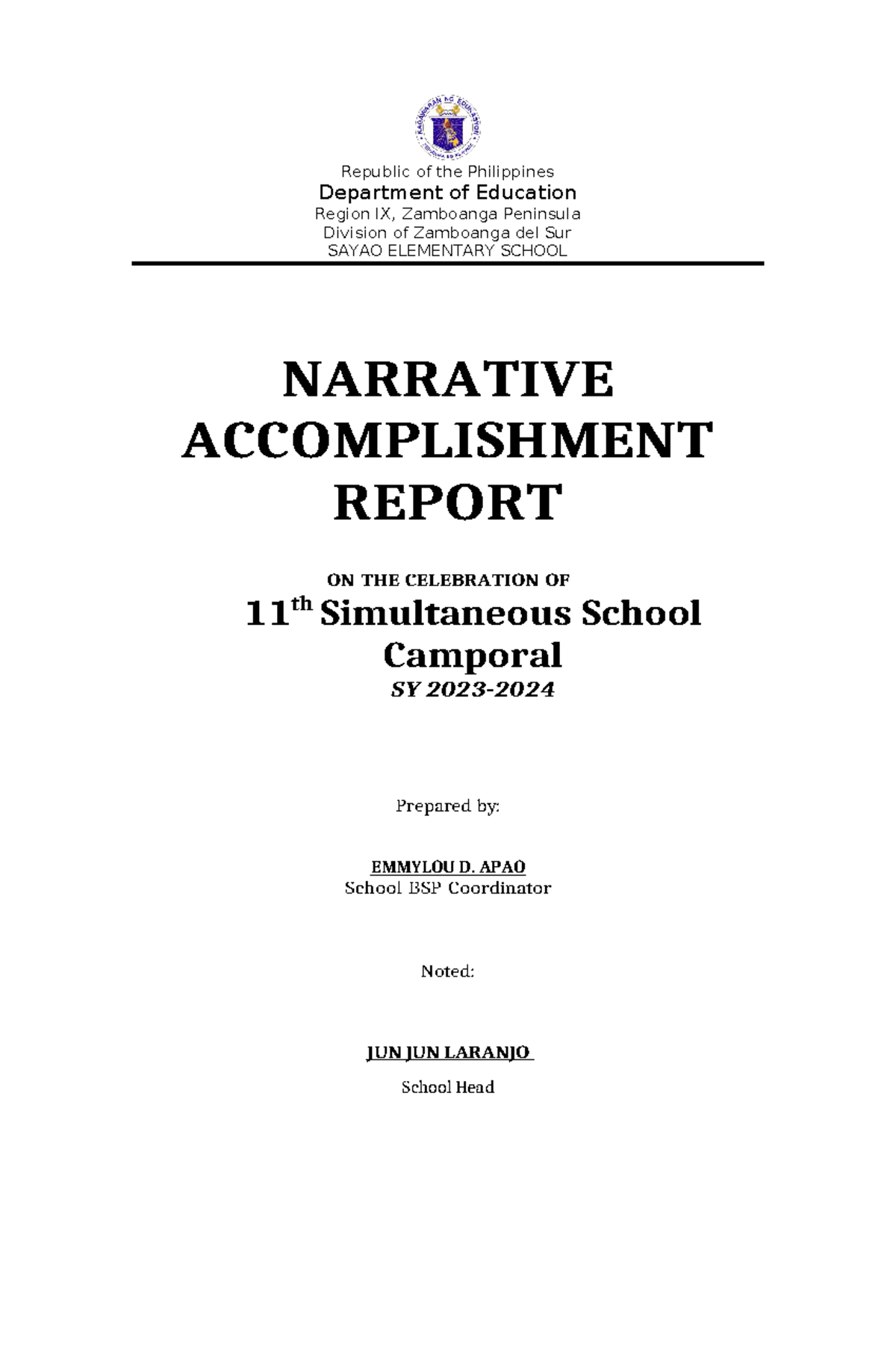 BSP Narrative Accomplishment Report on 11th Simultaneous School ...