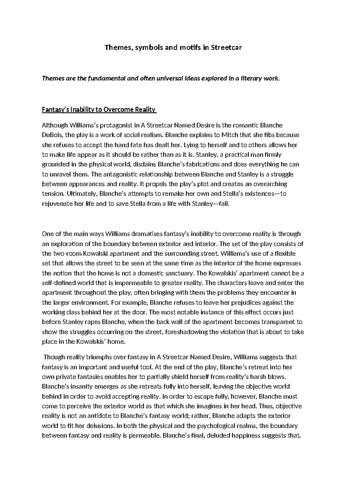 Themes and Symbols in A Streetcar Named Desire (ENG 201) - Studocu