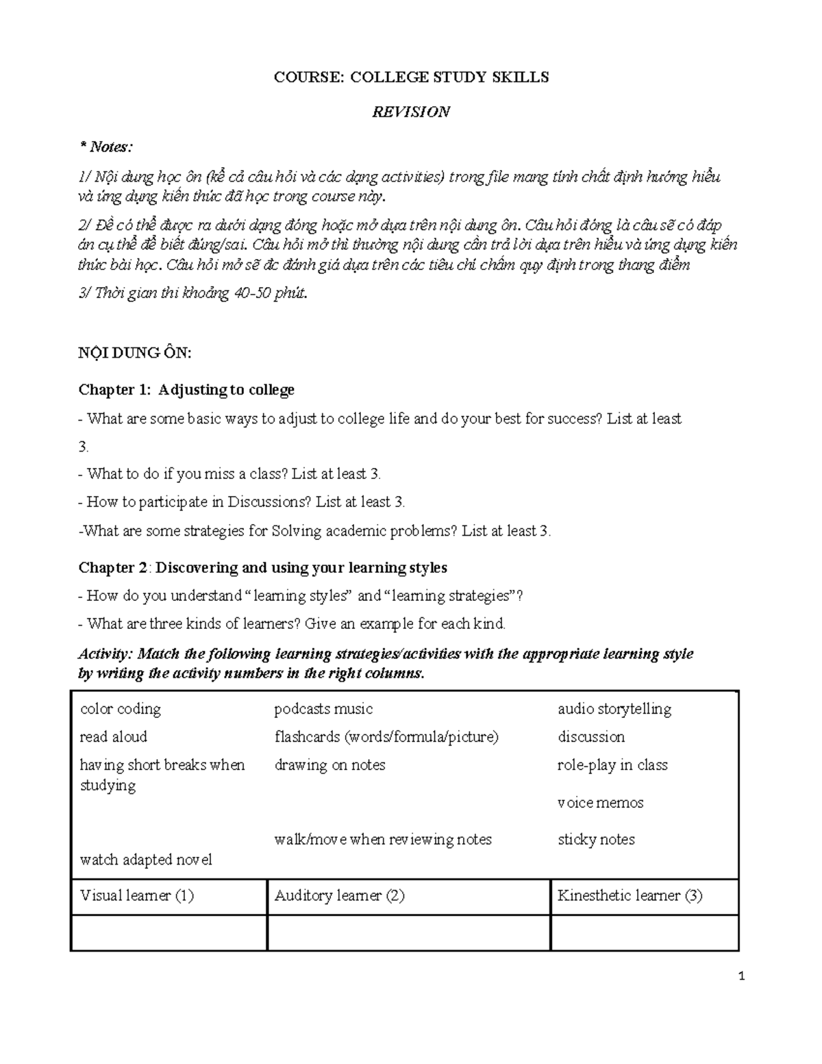 COLLEGE STUDY SKILLS REVISION Notes: Key Concepts & Activities - Studocu