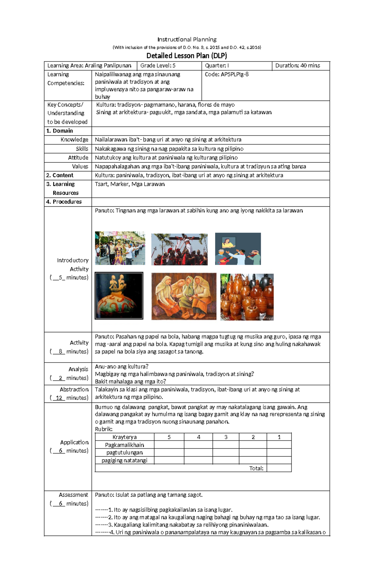 DLP-AP5: Instructional Planning for Araling Panlipunan Grade 5 - Studocu