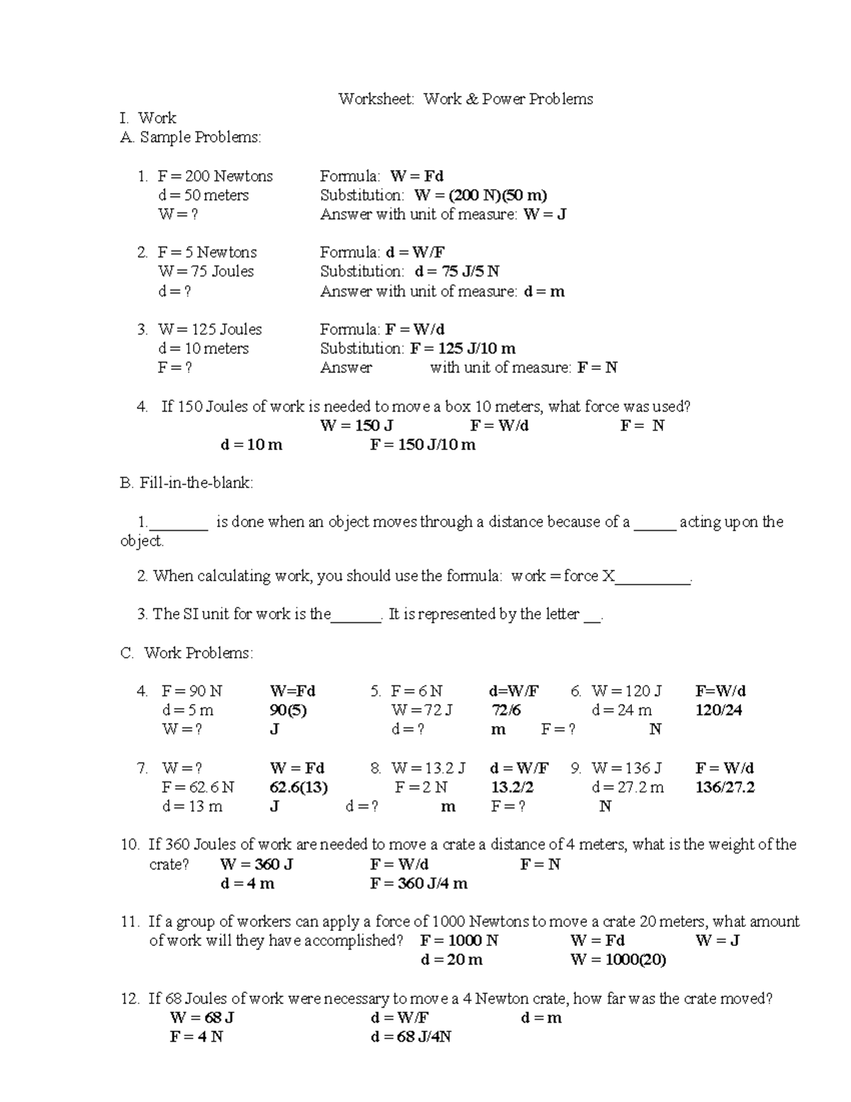 Copy of Work and Power Problems - Worksheet: Work & Power Problems I ...