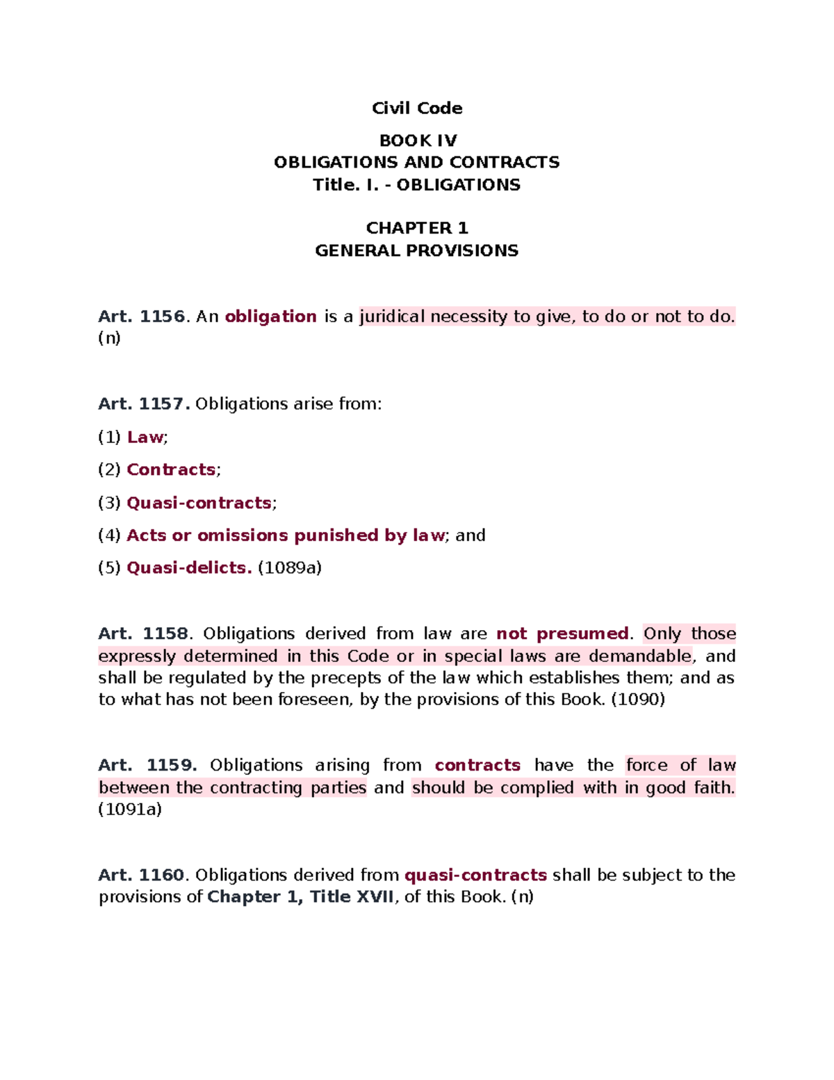 Civil Code - Obligations: General Provisions & Natural Obligations ...