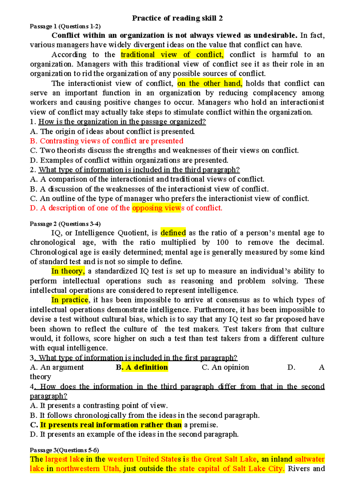 Practice of Reading Skill 2: Conflict & IQ Analysis Questions - Studocu