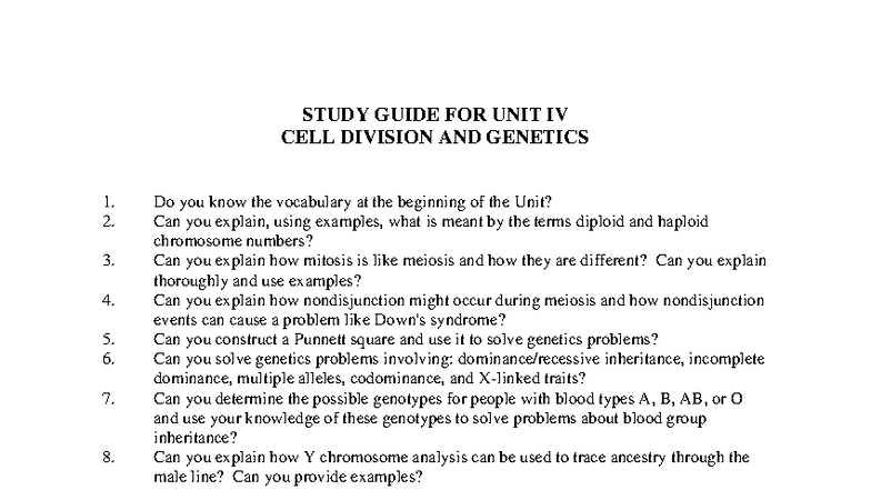 Study Guide for Unit IV: Cell Division & Genetics Concepts - Studocu