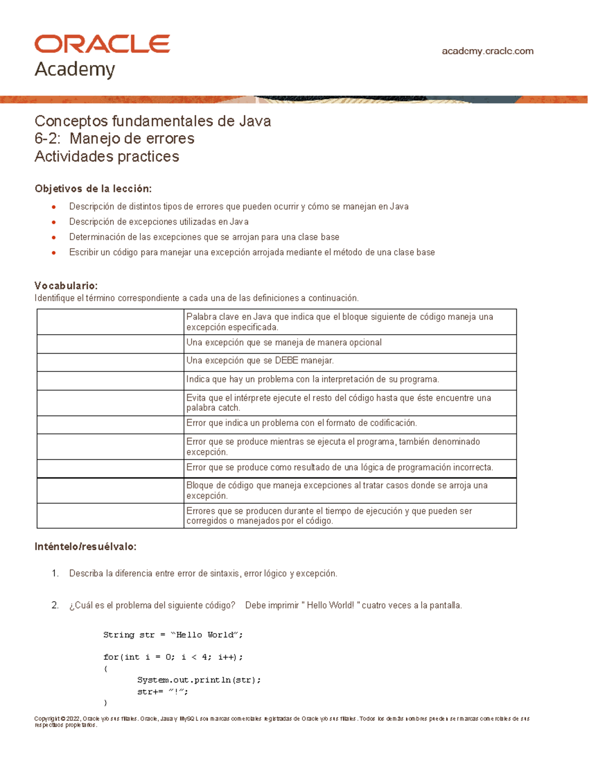 JF 6 2 Practice esp - GUIA JAVA PREPARACION PARA EXAMEN - Copyright © 2022, Oracle y/o sus ...