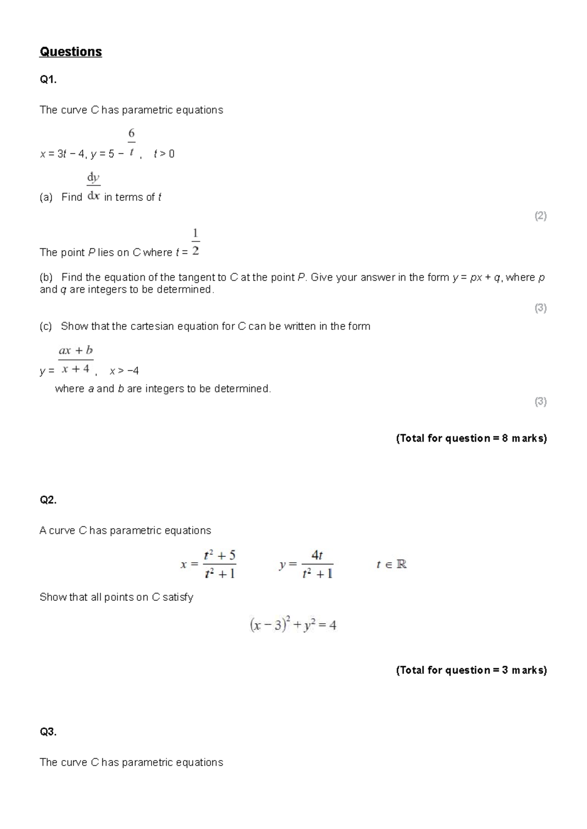 Parametric Equations: New Type Questions for Q1-Q8 - Studocu