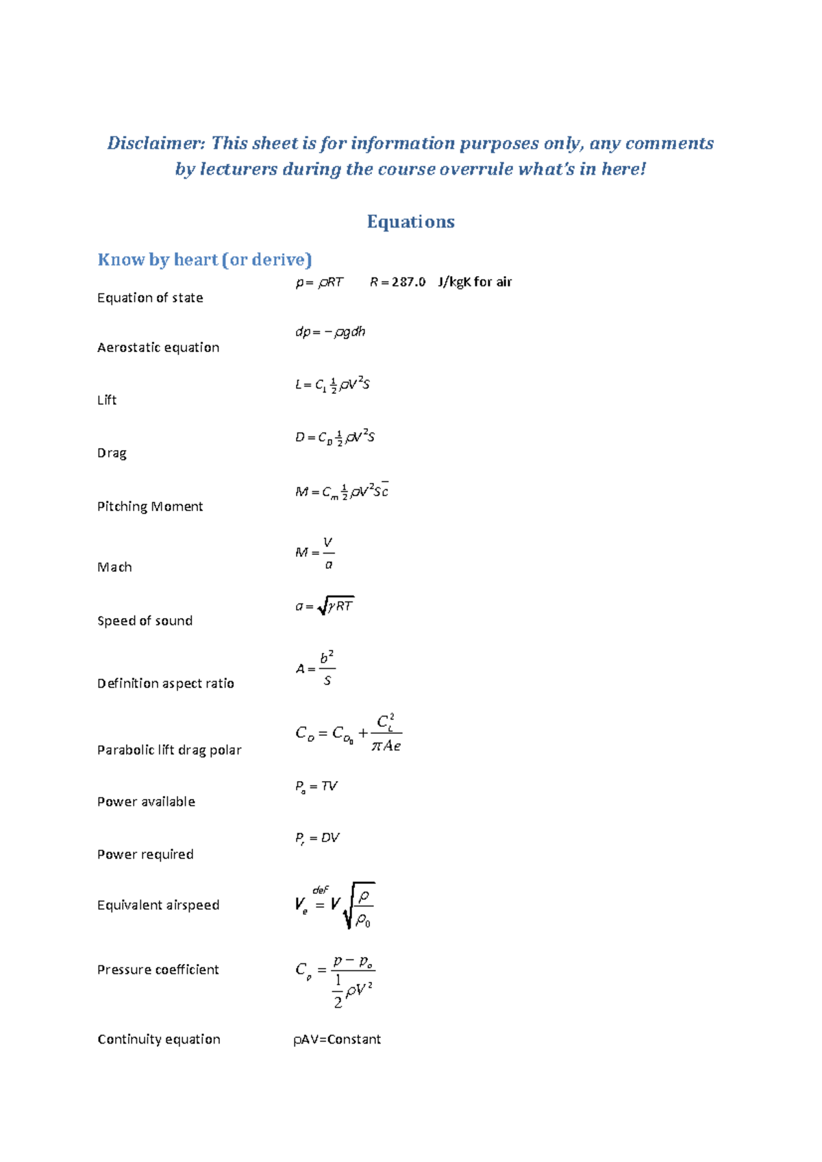 Aerospace Engineering I - Essential Formulas, Definitions, and Symbols ...
