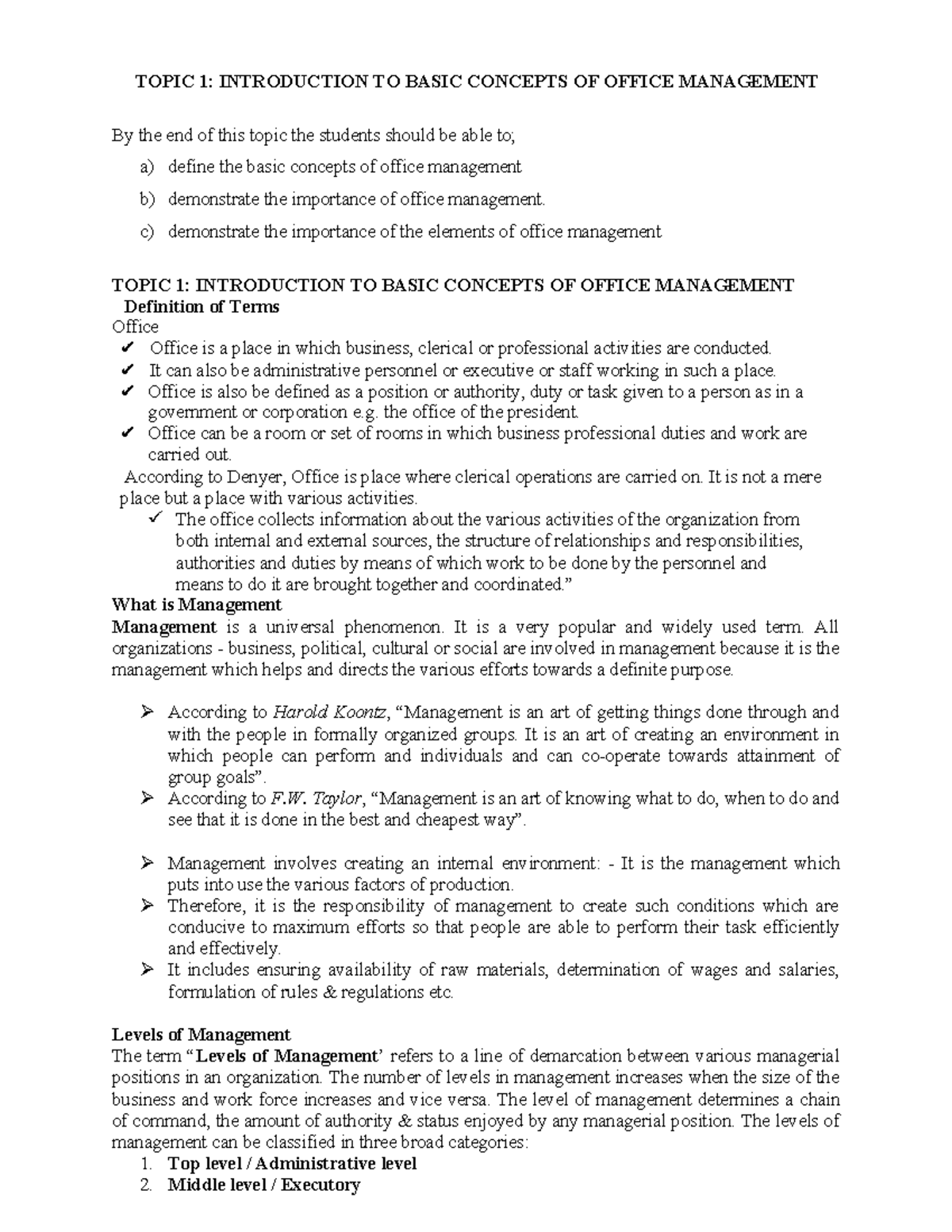 Topic 1: Intro to Basic Concepts of Office Management (OM101) - Studocu