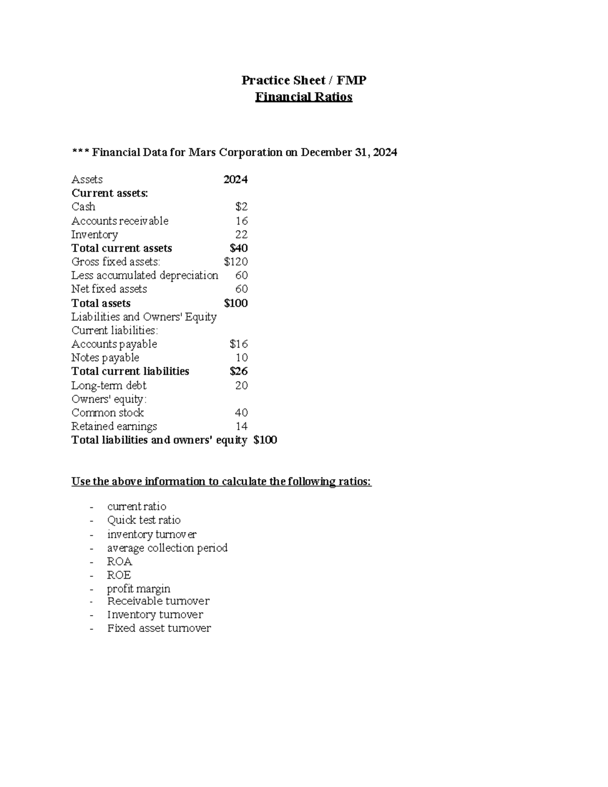 Practice Sheet ratio ananlysis - Practice Sheet / FMP Financial Ratios ...