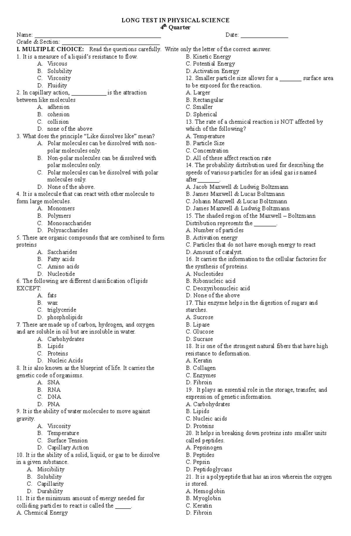 Physical Science 4th Quarter Long Test: Multiple Choice Questions - Studocu
