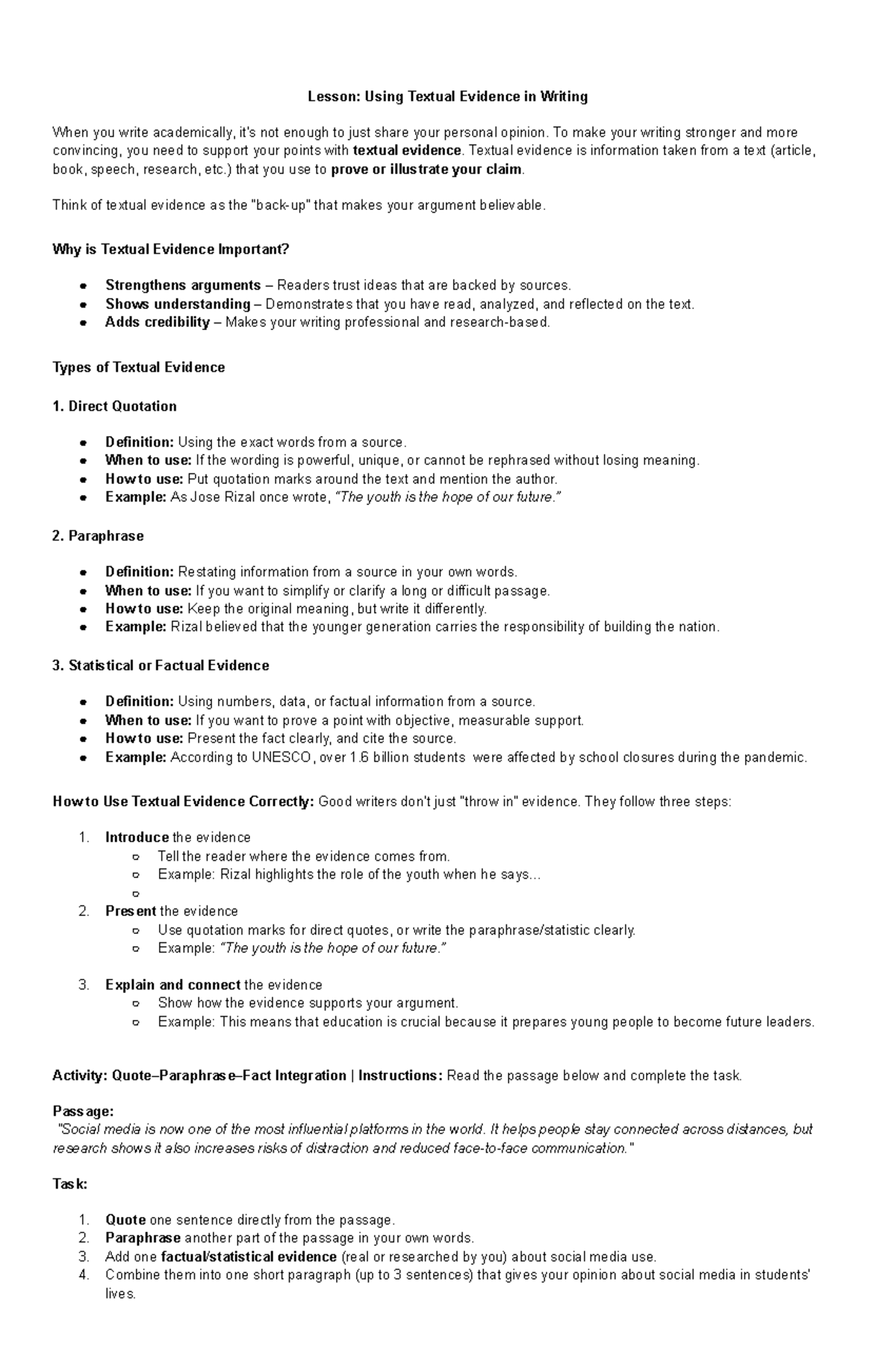 Lesson: Using Textual Evidence in Writing for Academic Success - Studocu