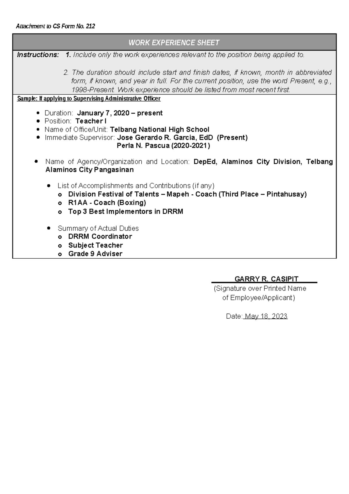 CS Form No. 212: Work Experience Sheet for Donna Marie P. Casipit - Studocu