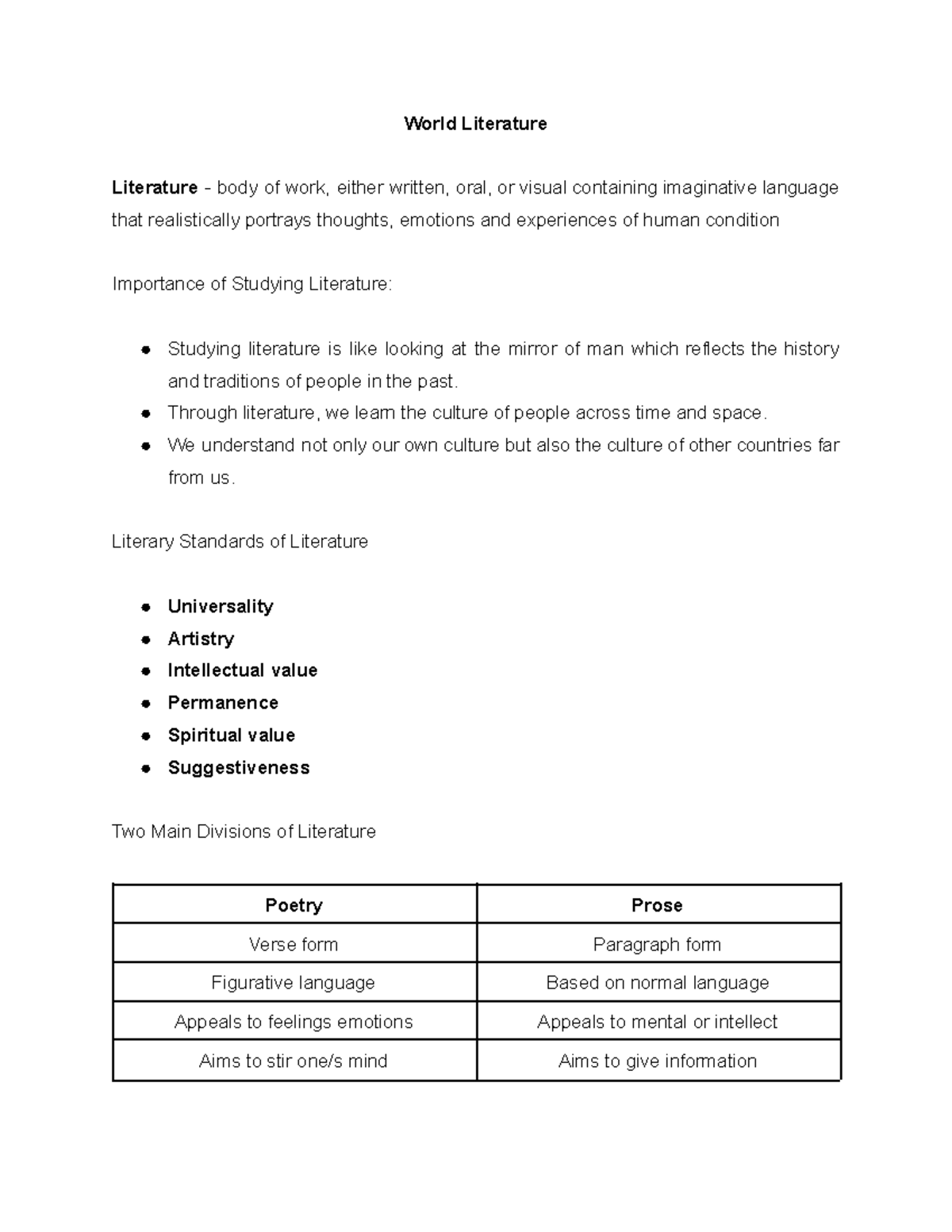 World Literature: Key concepts and selected literary pieces - Studocu