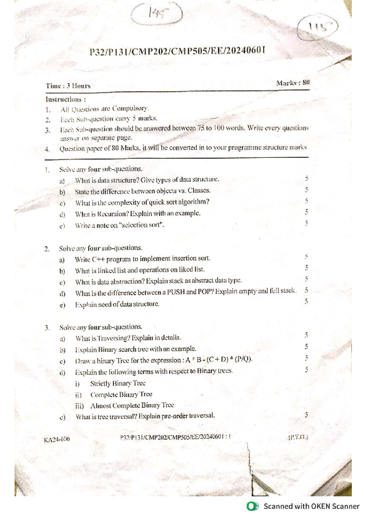505 CMP DSA 2024 - Final Exam Question Paper with Instructions - Studocu