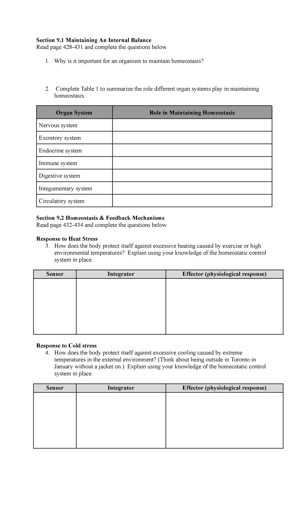 Section 9 Reading Questions: Homeostasis & Organ Systems - Studocu