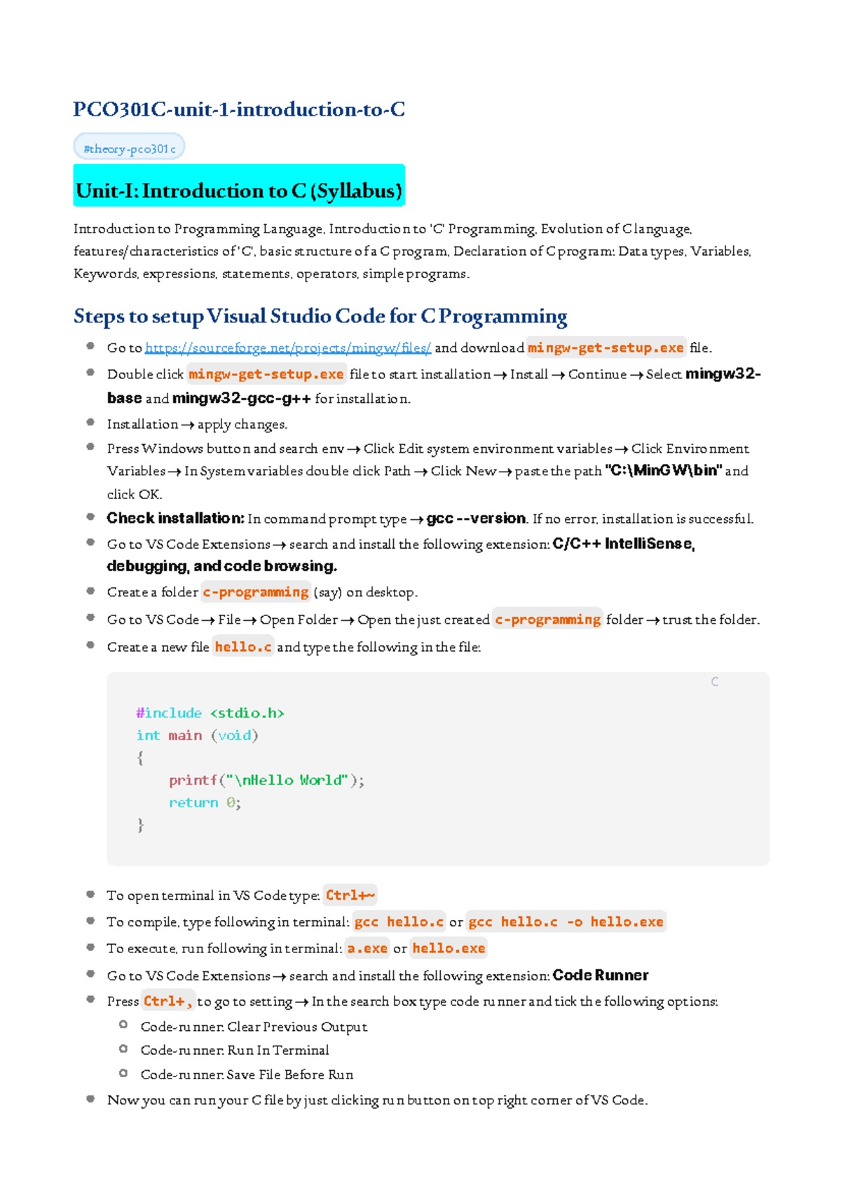 PCO301C Unit 1: Introduction to C Programming Language - Studocu