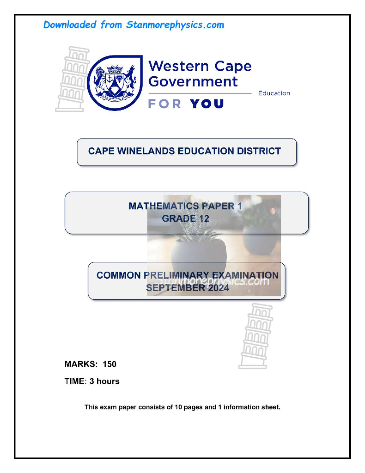 WC Maths Grade 12 Preliminary Exam September 2024 Paper 1 and Memo ...