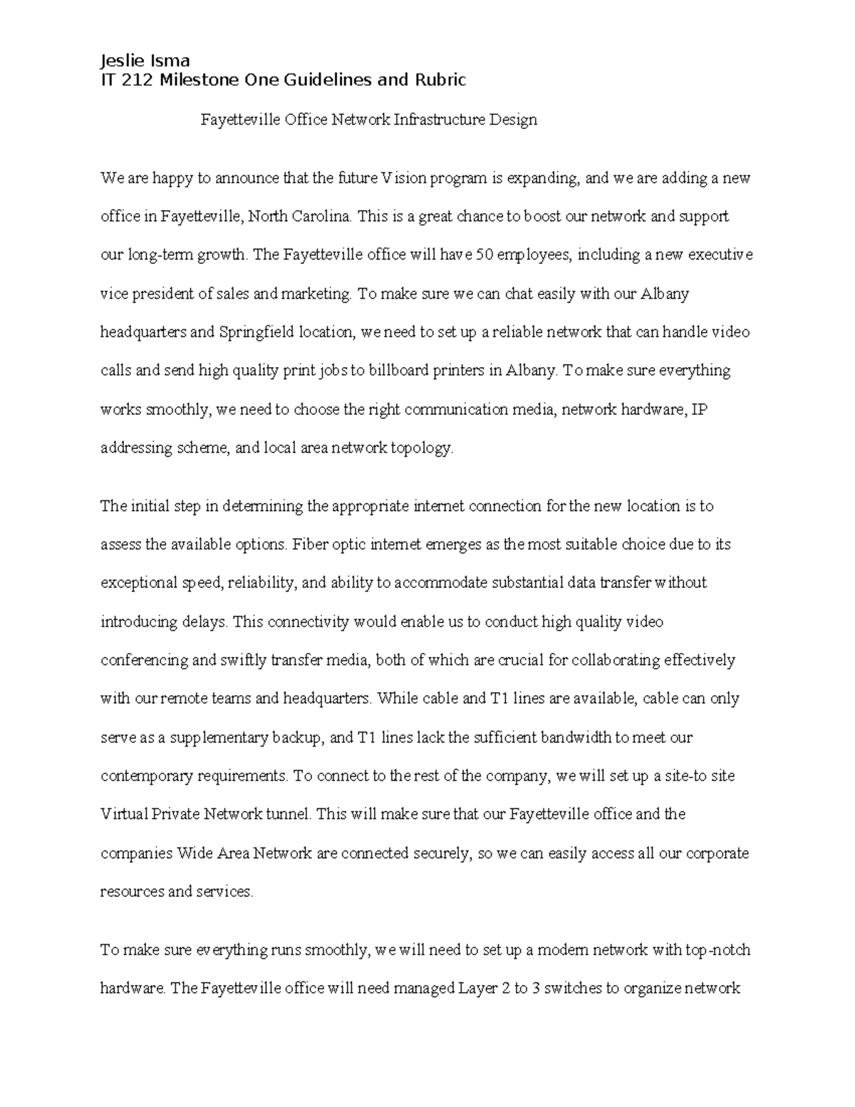 IT 212 Milestone One: Fayetteville Office Network Design Guidelines ...
