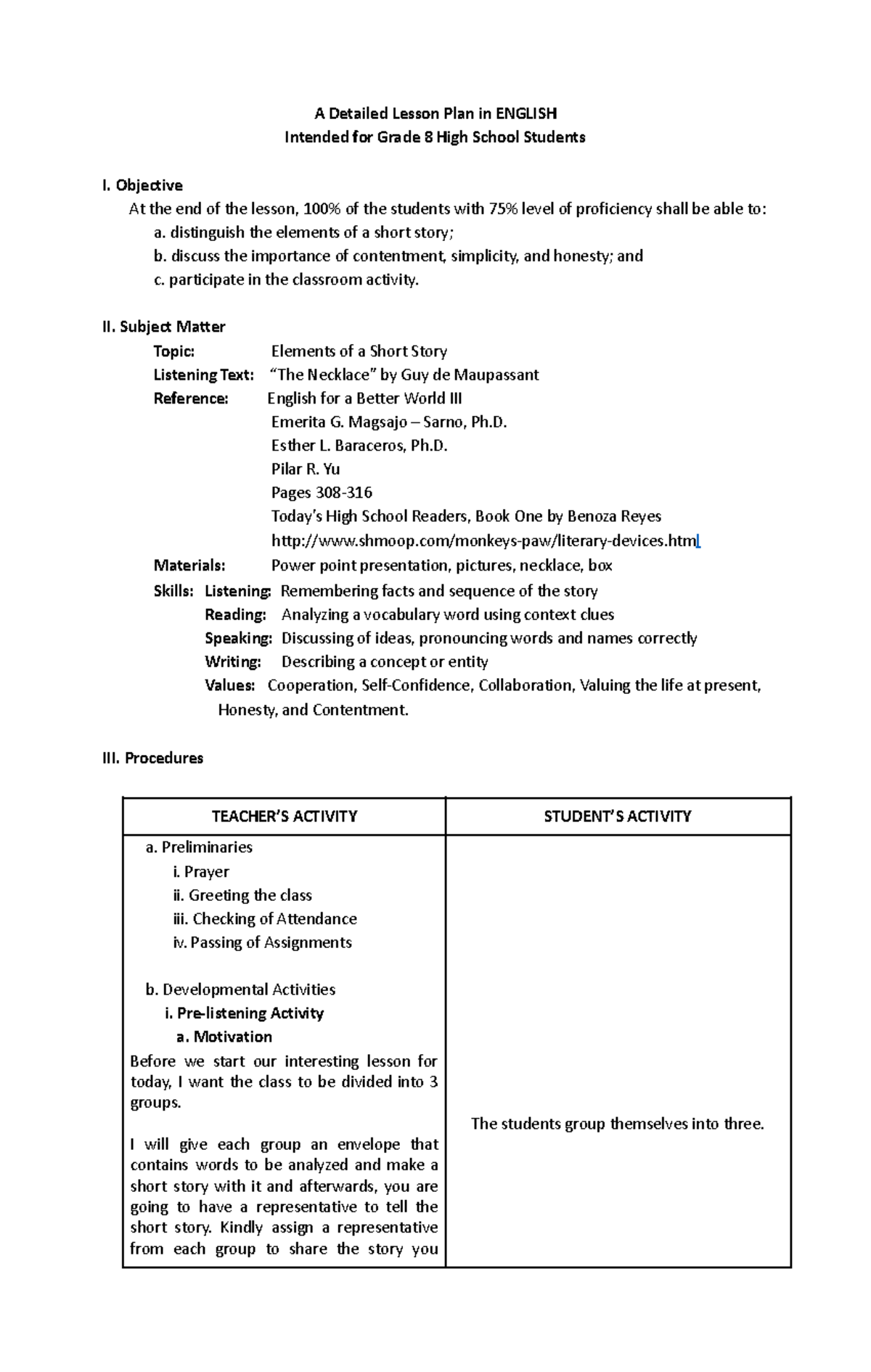 Detailed Lesson Plan in English - A Detailed Lesson Plan in ENGLISH ...
