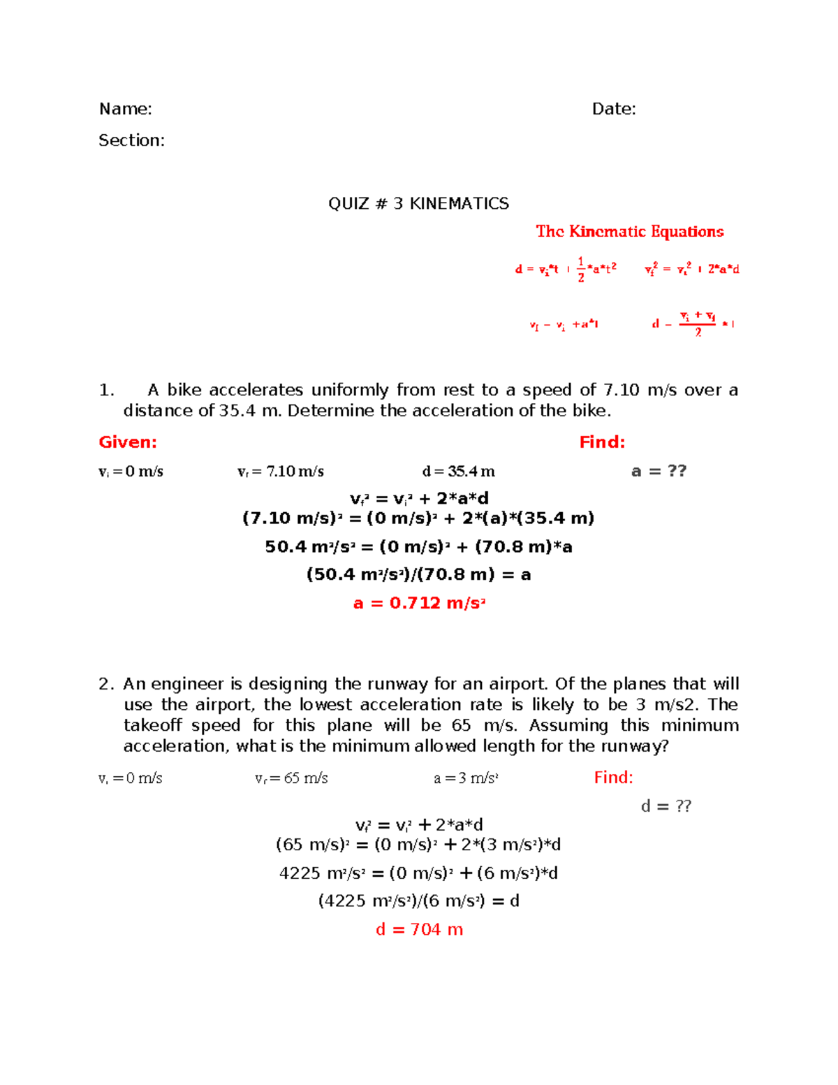 QUIZ 3 KINEMATICS wd Answers: Acceleration & Motion Problems - Studocu