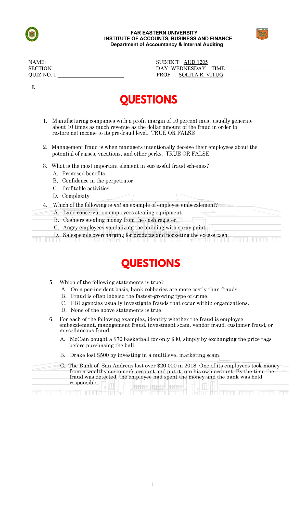 AUD 1205 Assignment NO. 1 - 1 FAR EASTERN UNIVERSITY INSTITUTE OF ...