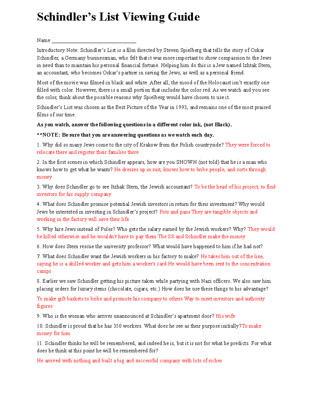 Schindler's List Viewing Guide and Analysis Questions - Studocu