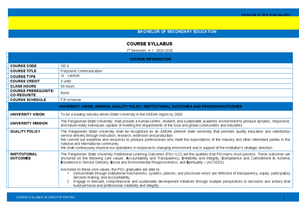 GE 4 Course Syllabus for Purposive Communication in Creative Writing - Studocu