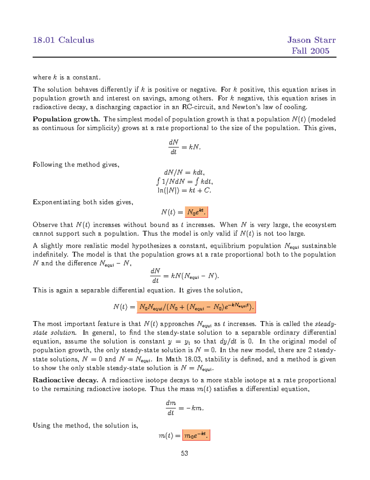 18.01 Calculus: Population Growth & Radioactive Decay Analysis - Studocu