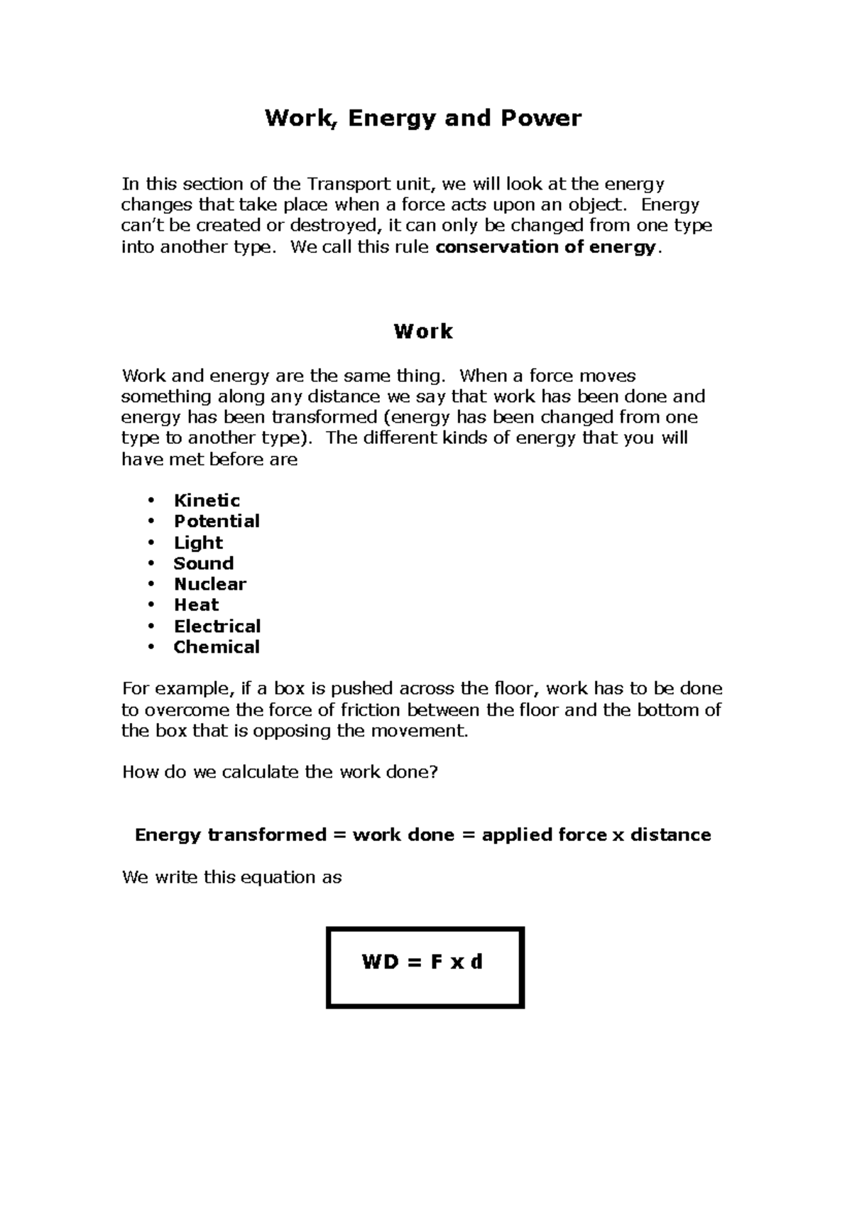 Transport Unit: Work, Energy, and Power Overview - Studocu