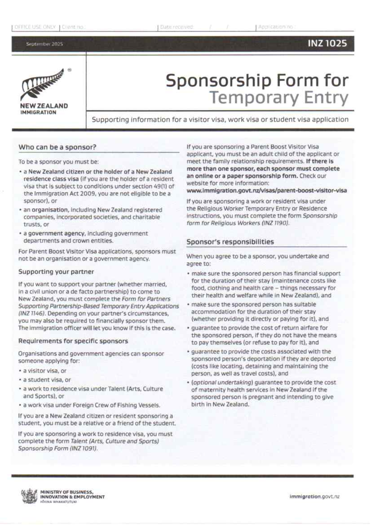 Sponsorship Form for Temporary Entry (INZ1025) - New Zealand Visa Guide ...