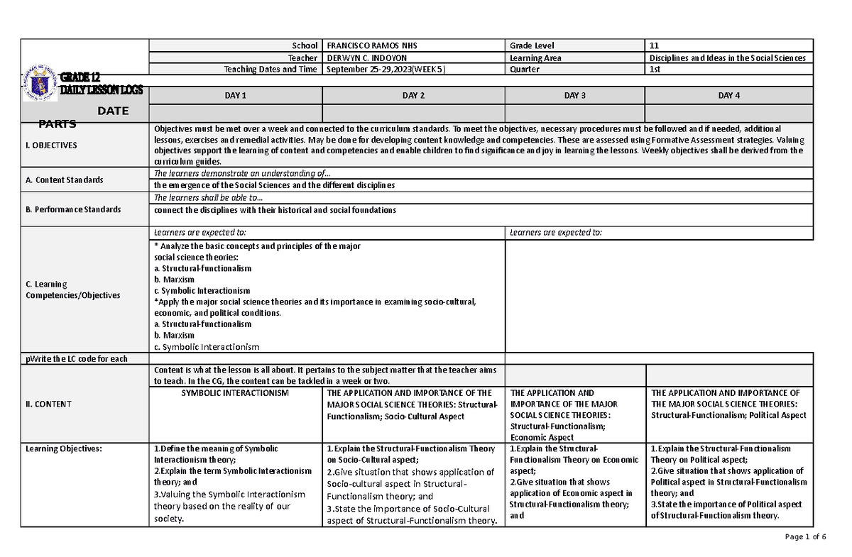 DISS Module 5 Lesson Plan: Social Science Theories (Sept 25-29, 2023 ...