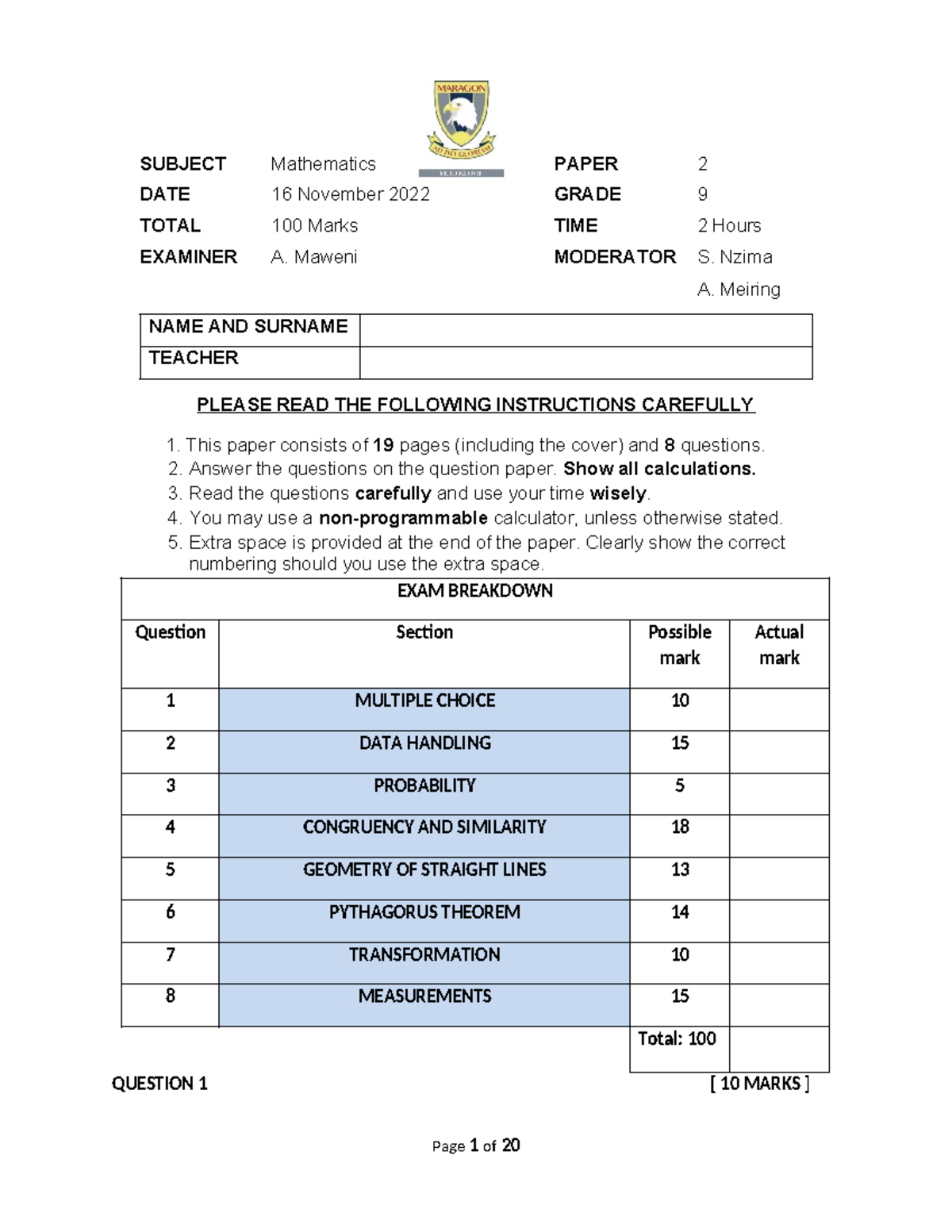 Gr 9 Maths P2 Final Exam Nov 2022 - 100 Marks Overview - Studocu