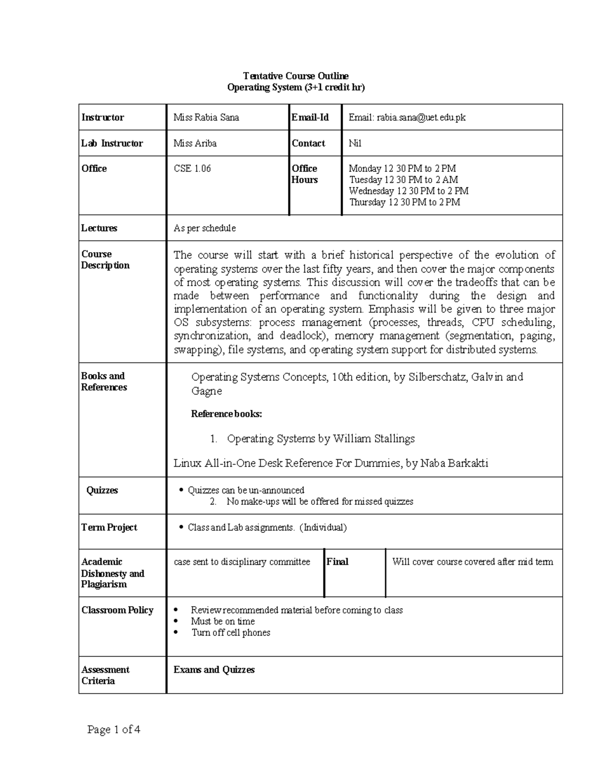 OS Course Outline: Operating System Lab Manual (CSE) - Studocu