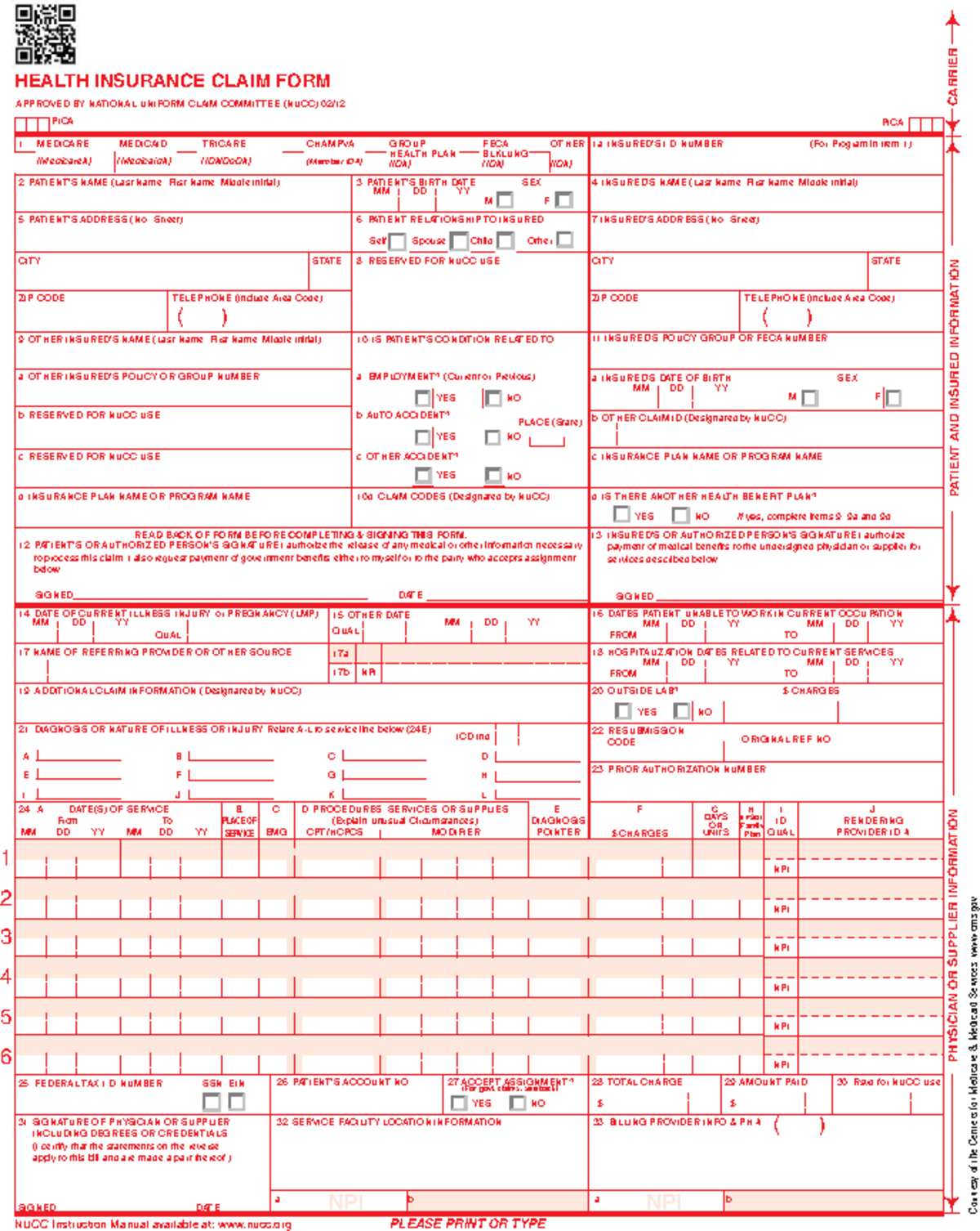 Blank Fillable CMS-1500 Form - PLEASE PRINT OR TYPE Courtesy of the ...