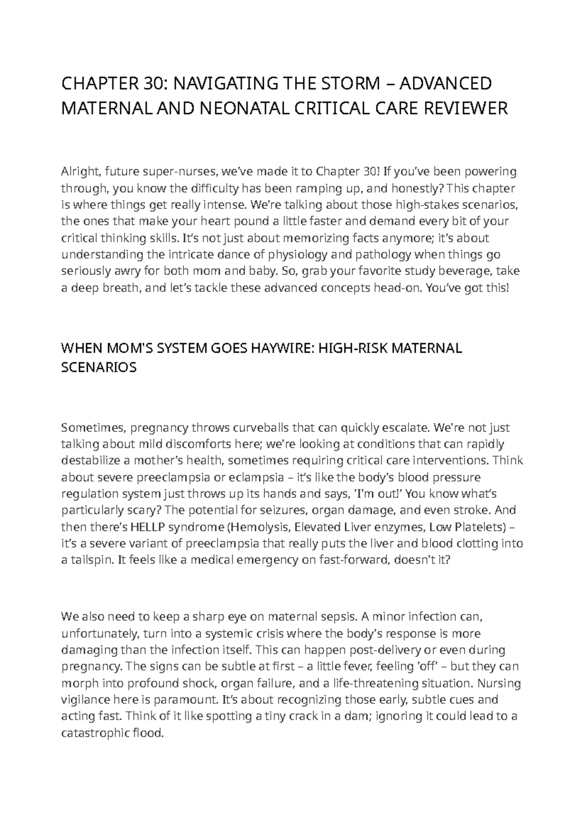 CHAPTER 30: Navigating Advanced Maternal & Neonatal Critical Care - Studocu