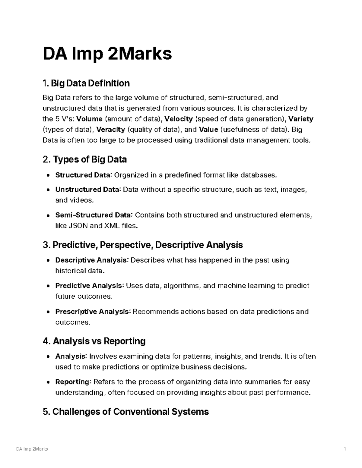 DA Imp 2 Marks - notes - DA Imp 2Marks 1. Big Data Definition Big Data ...