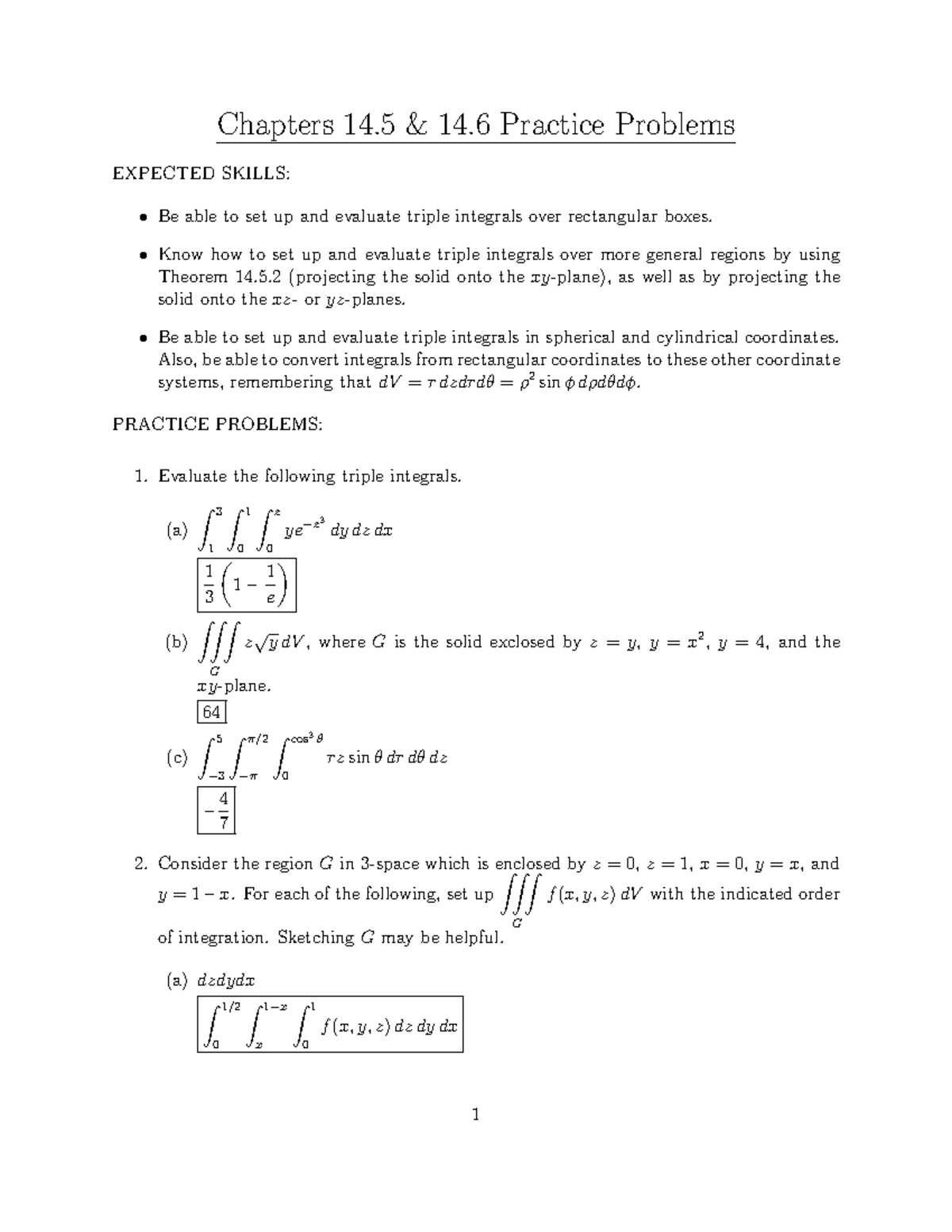 Homework 14 - Triple Integrals Practice Problems and Skills - Studocu