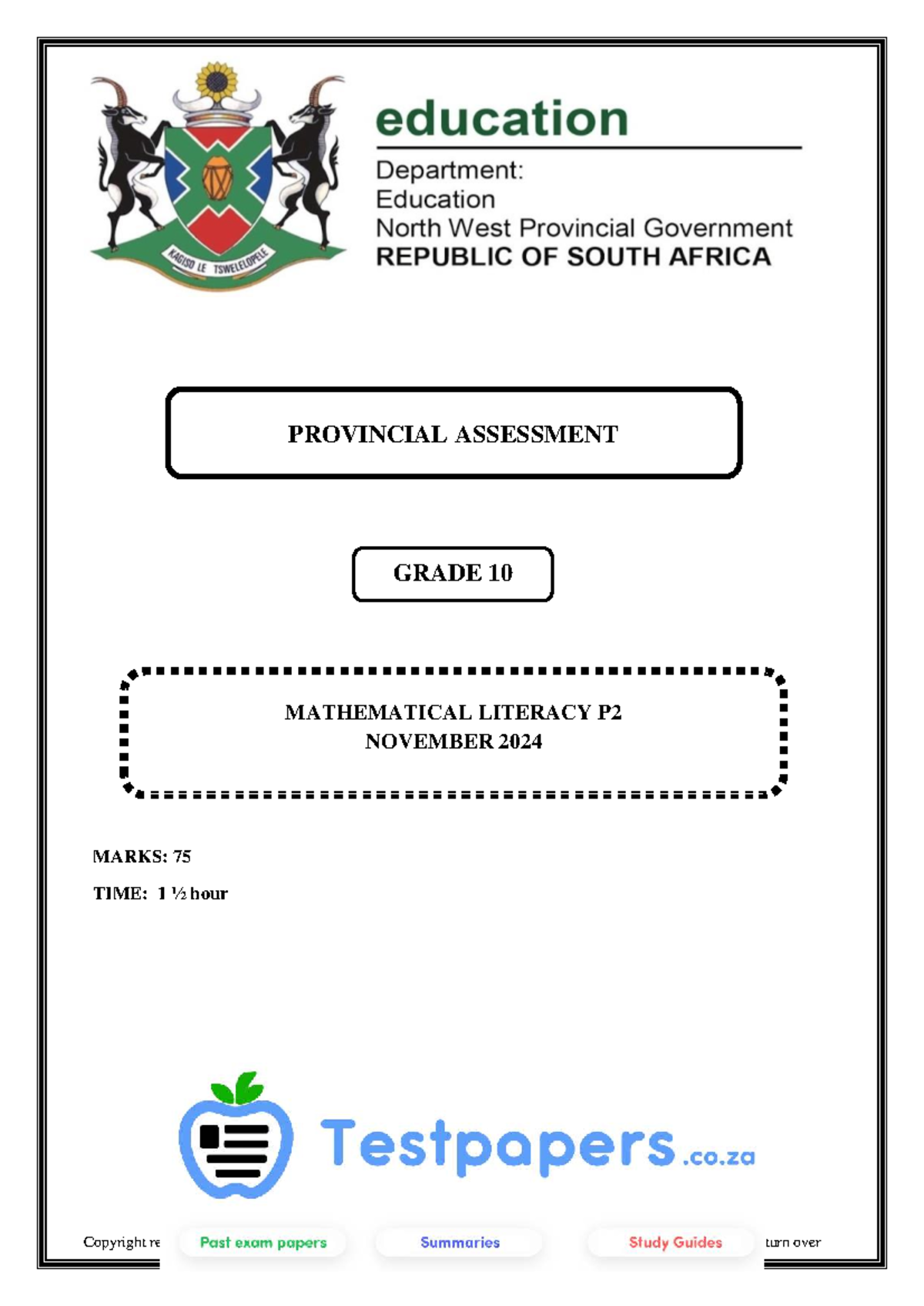 Grade 10 Mathematical Literacy P2 November 2024 Question Paper - Studocu